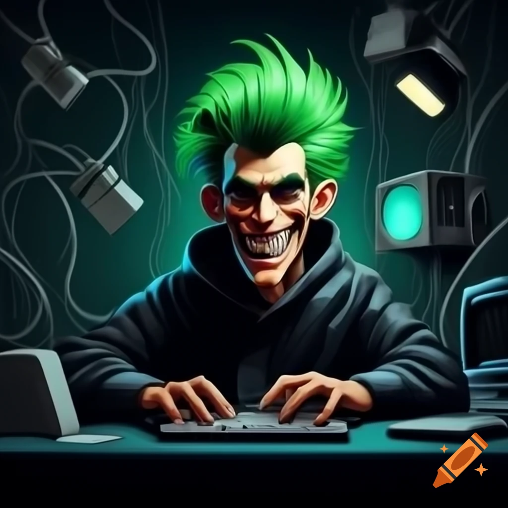 90s-inspired hacker with green Mohawk grinning at workstation on Craiyon