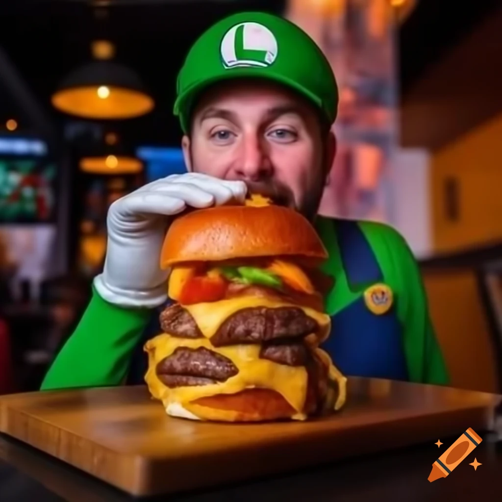 Luigi enjoying a messy burger at a fast-food restaurant on Craiyon