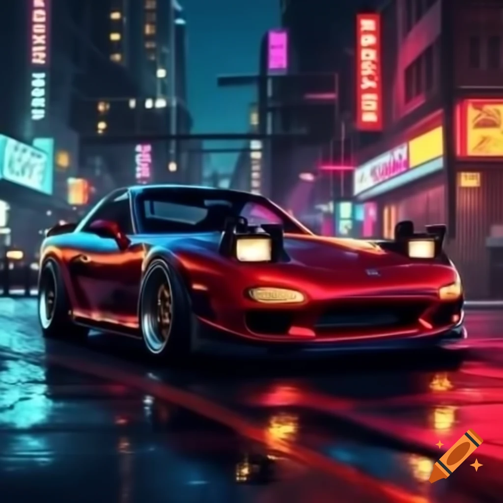 Red rx7 car at night in neon lit city on Craiyon