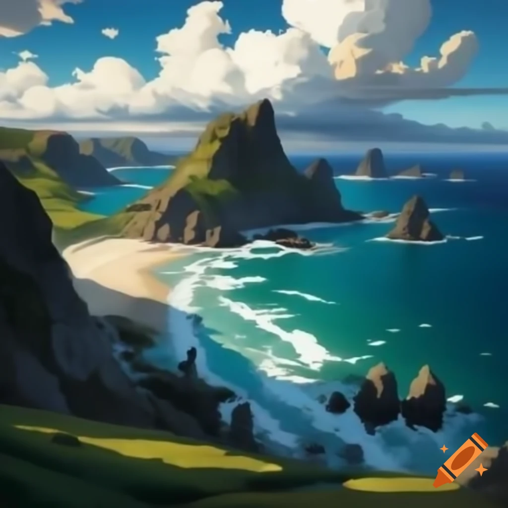 Breathtaking coastal landscapes featuring serene beaches, rocky cliffs, and dramatic ocean ...