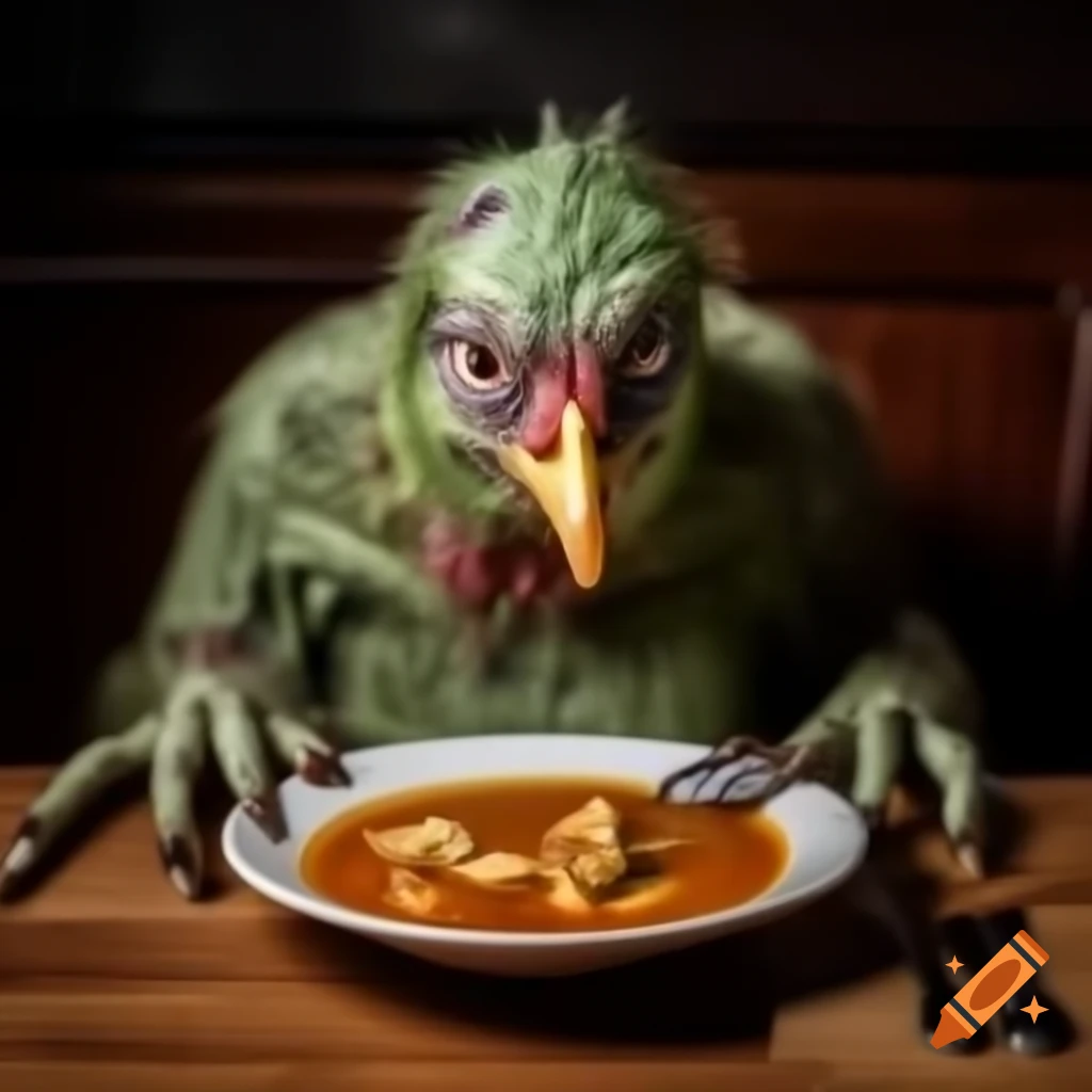 Zombie-like chicken in bowl of chicken soup, depicting deterioration on ...