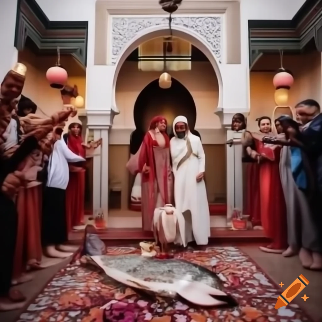 Whimsical moroccan wedding with rooster groom and fish bride amidst ...