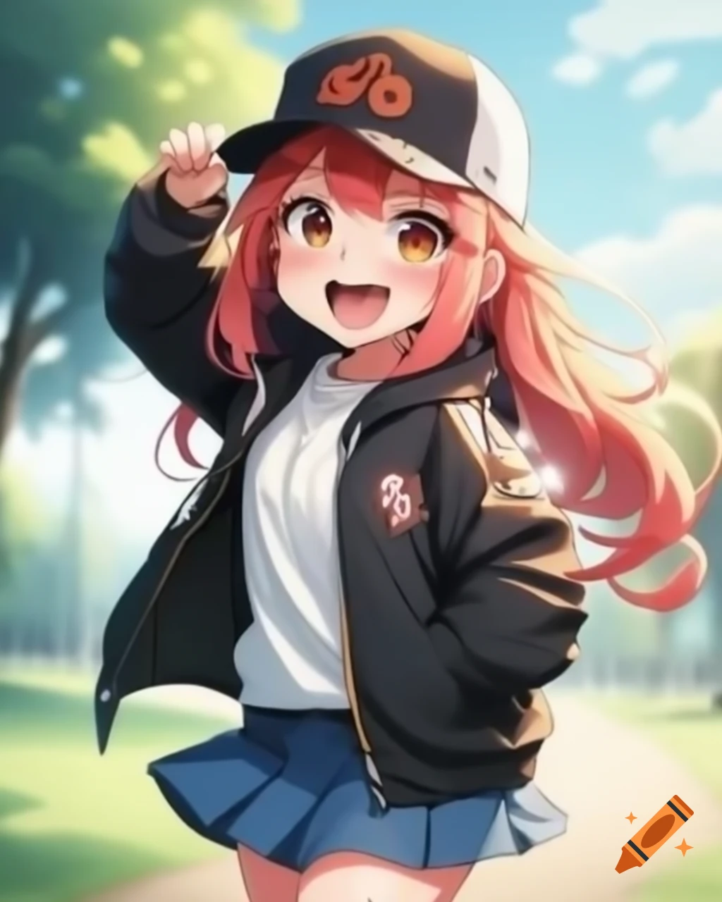 Anime red-headed girl in baseball cap and jacket striking energetic ...