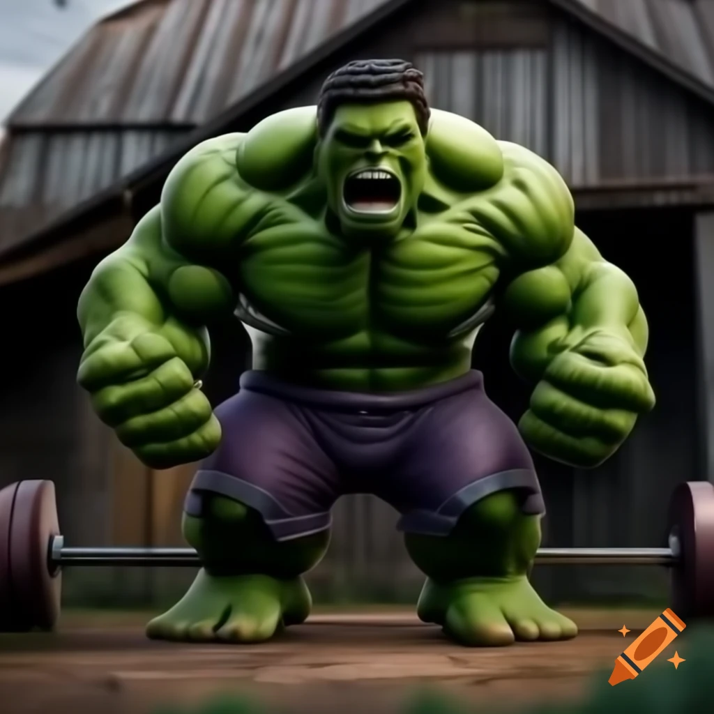 Muscular cartoon figure flexing with barbell in front of rustic barn on ...