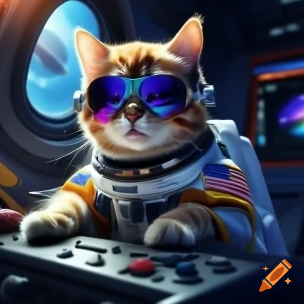 Kitten in galaxy suit with sunglasses at starship control panel on Craiyon