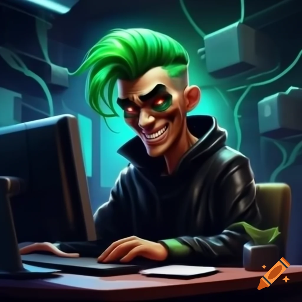 90s-inspired hacker with green mohawk at workstation surrounded by ...