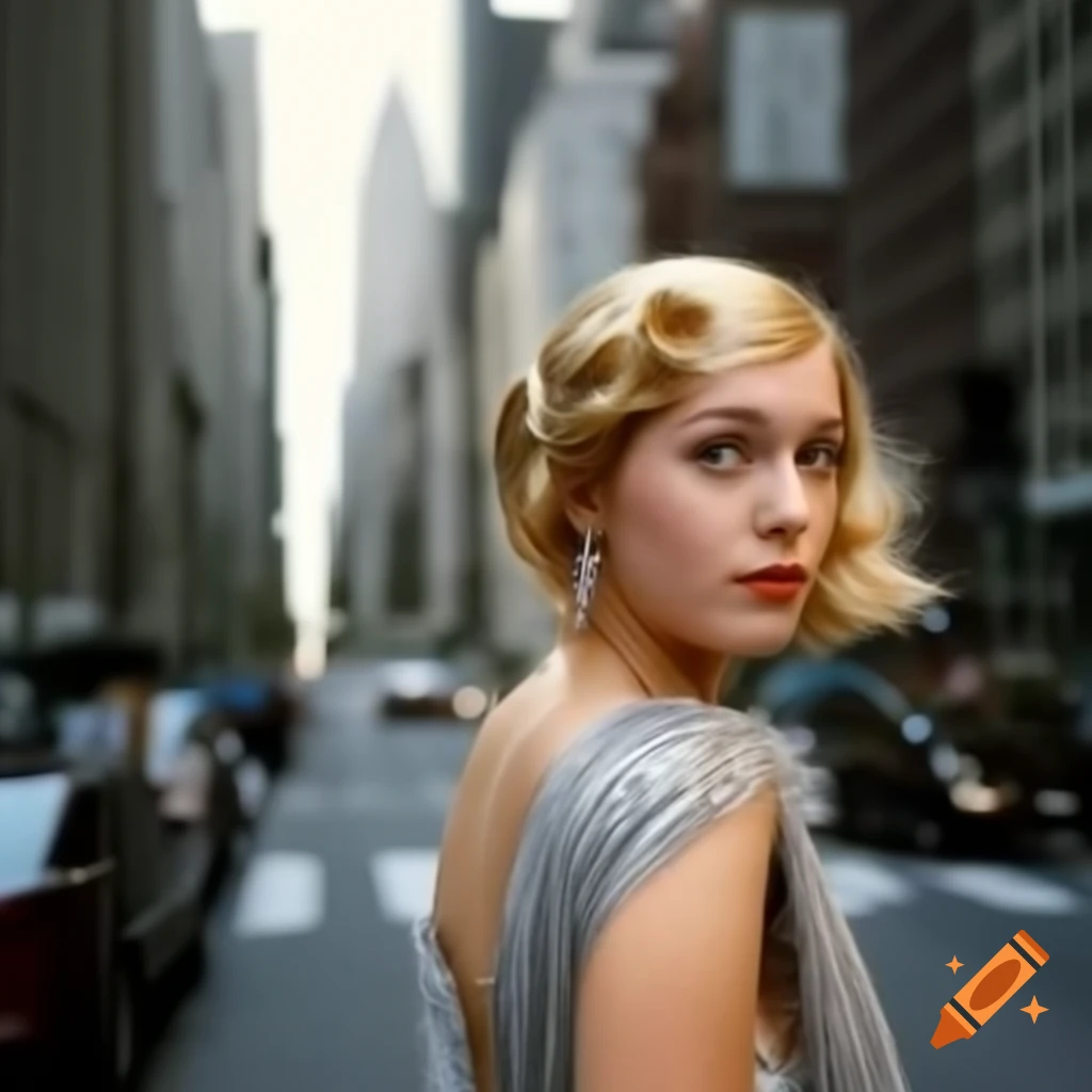 Flapper woman with blond hair in silver gown in New York on Craiyon