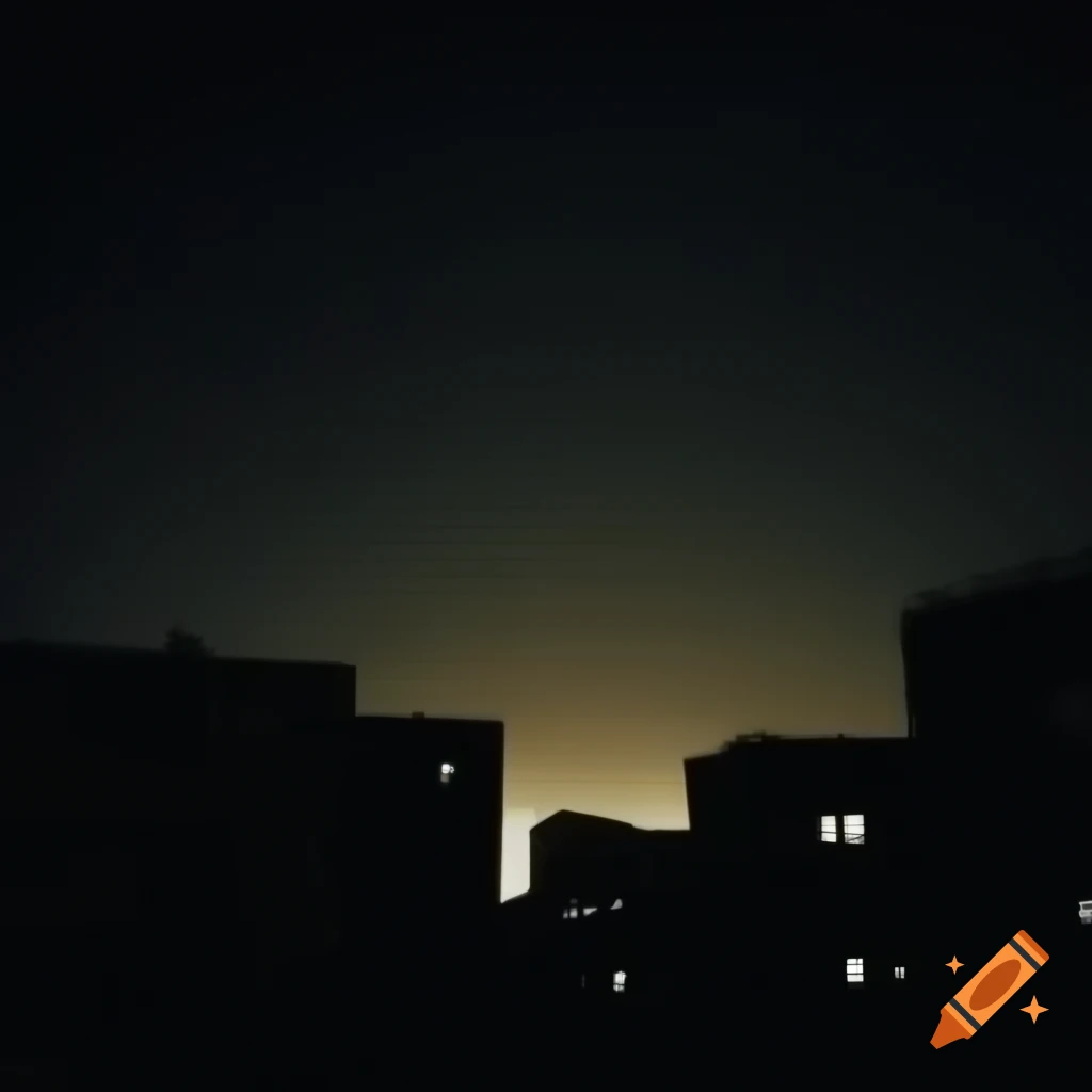 Dark cityscape with faint building silhouettes and soft dim light on ...