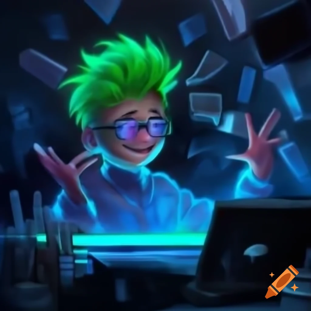 Playful hacker with green mohawk illuminated by neon glow in tech-rich ...