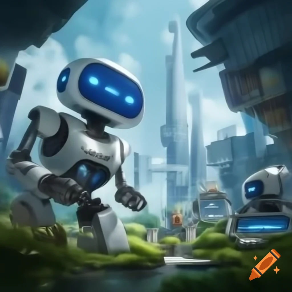 Futuristic world featuring robots and advanced architecture on Craiyon