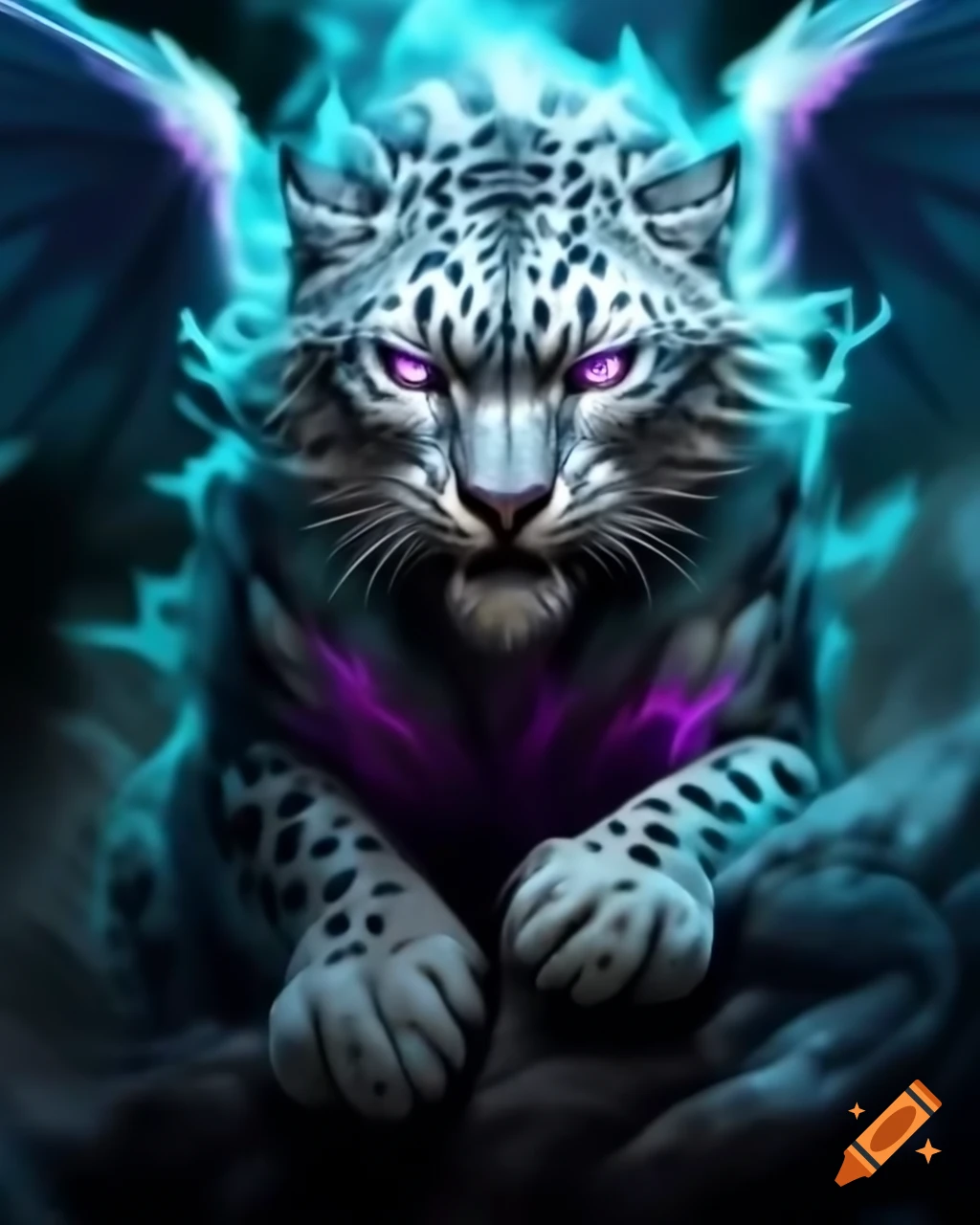 Mythical snow leopard with wings and magenta eyes on Craiyon