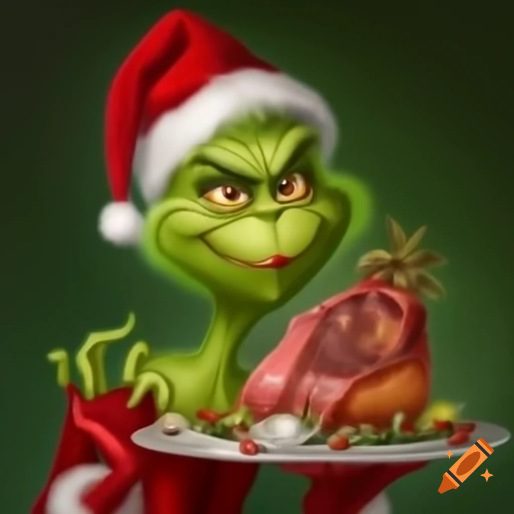 Whimsical woman grinch in pink Santa hat with roast beast at Christmas ...