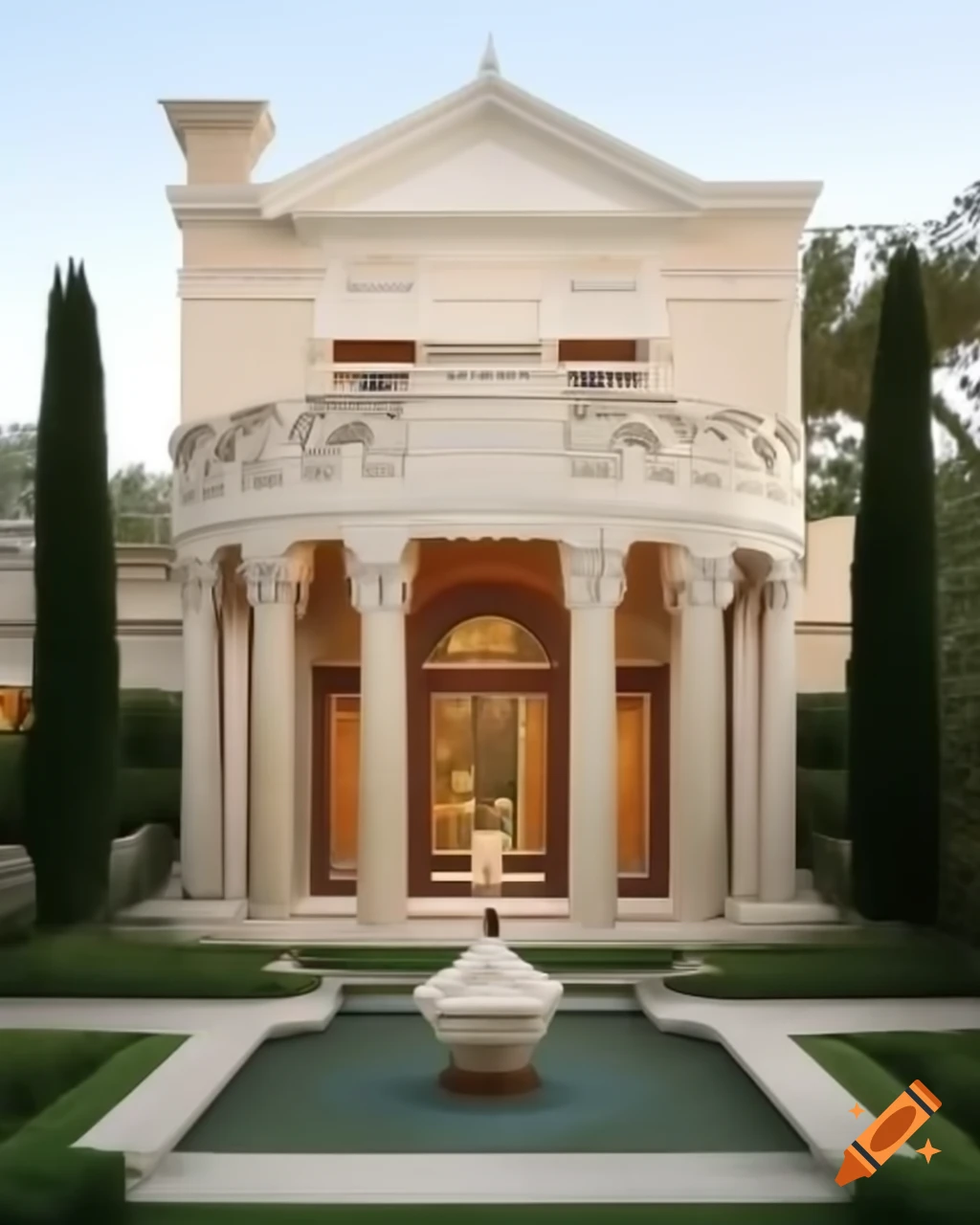 House exterior blending classical Roman architecture with whimsical ...