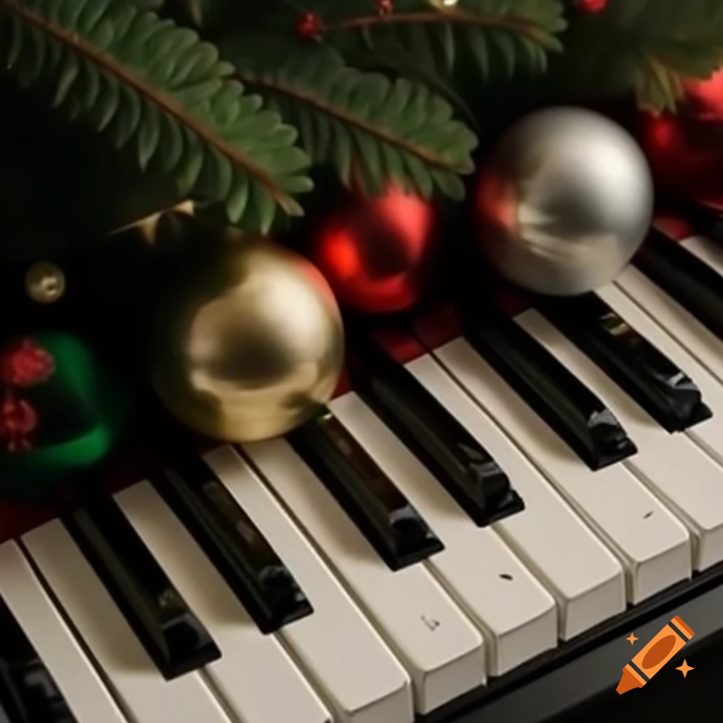 Piano keyboard decorated with large christmas tree ornaments on Craiyon
