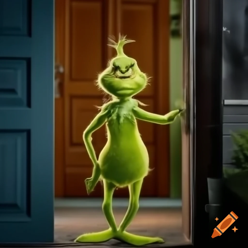 Grinch looking quizzically through a door, waving from outside on Craiyon