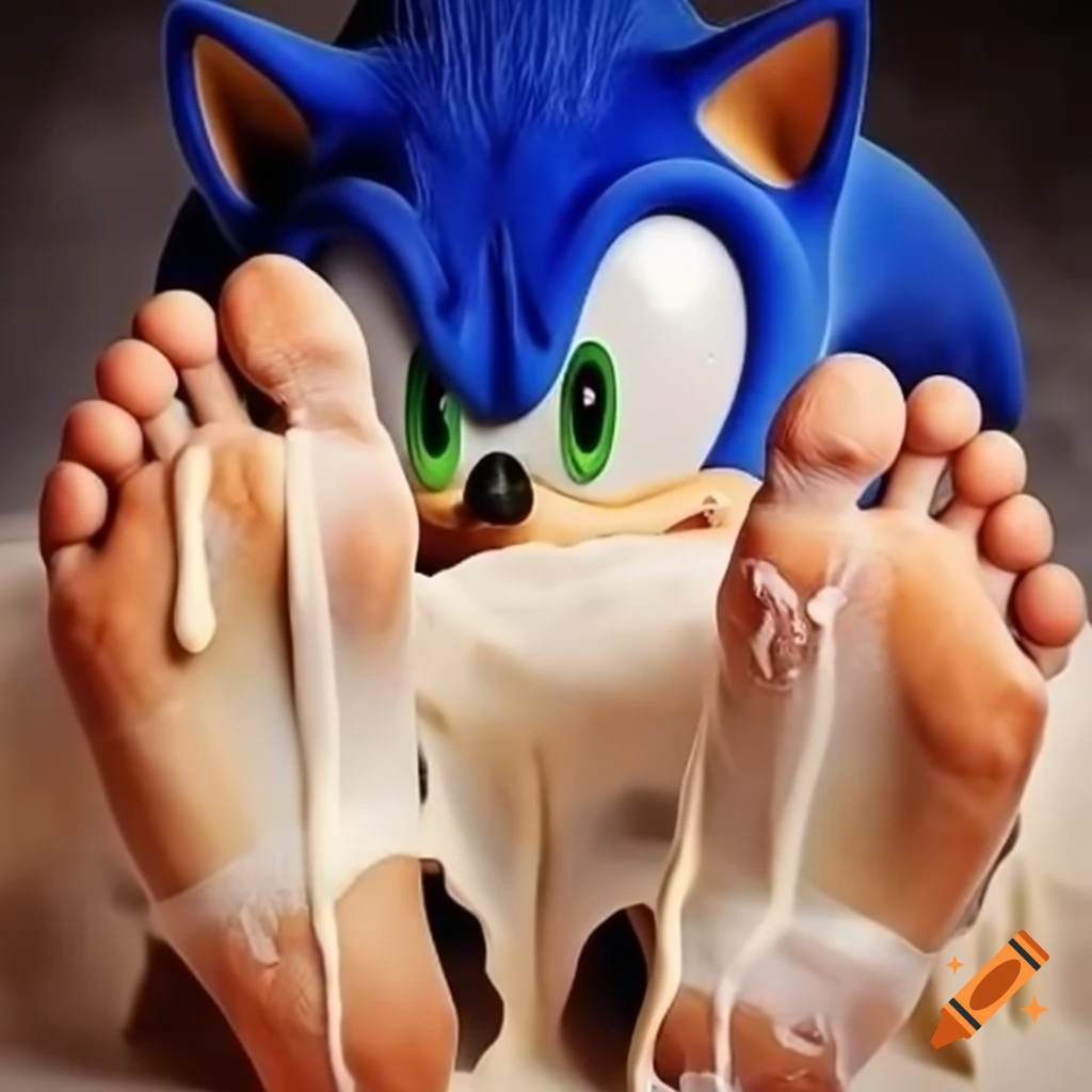 Close-up of Sonic the Hedgehog's feet with ice cream dripping on Craiyon