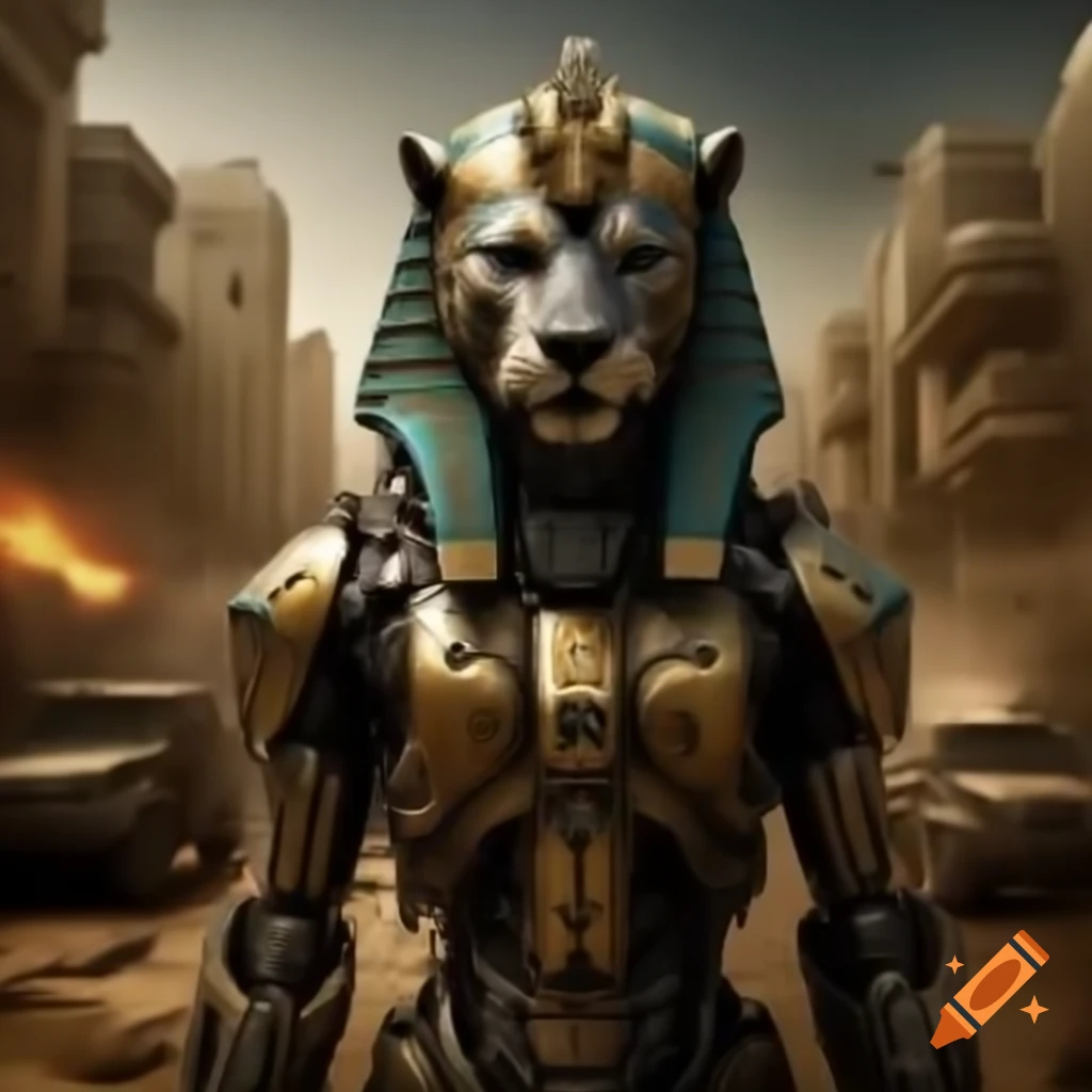Egyptian pharaoh with robot army resembling animals in ancient armor ...