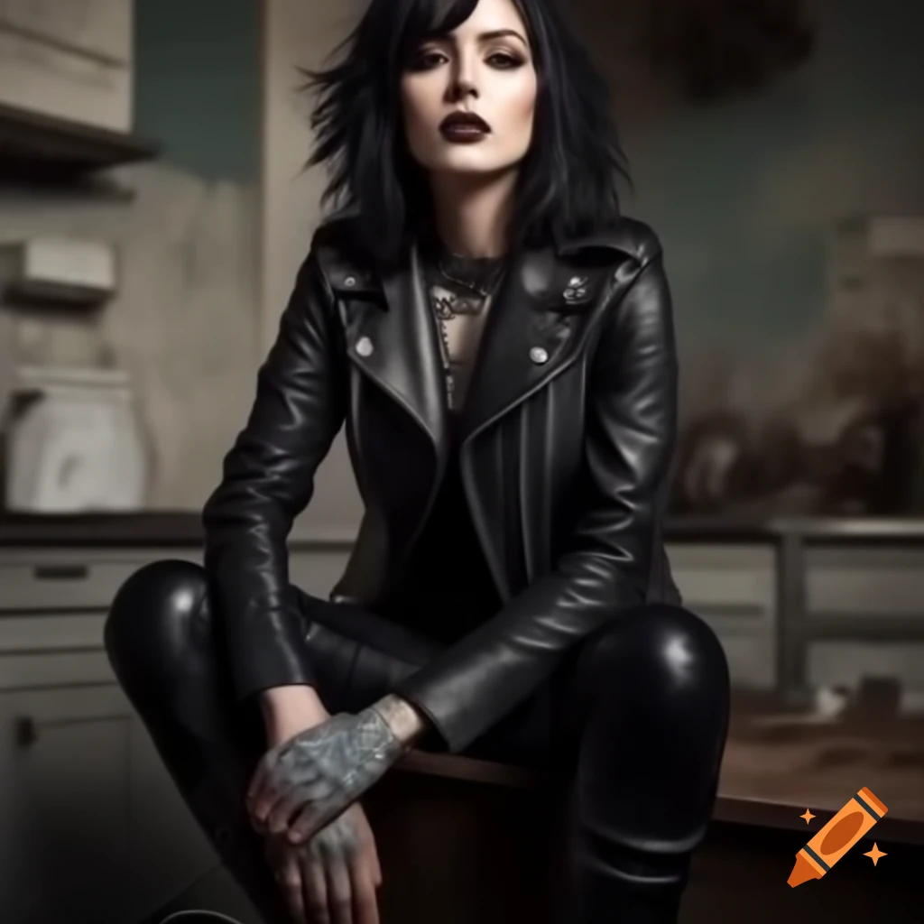 Punk style portrait of British actress Rosamund Pike in leather attire ...