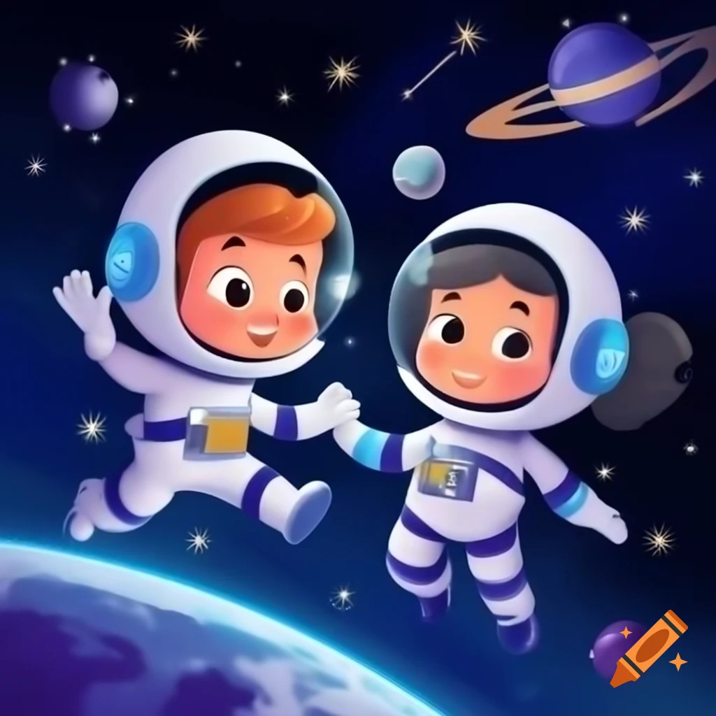 Cartoon kids in astronaut suits waving goodbye in space on Craiyon