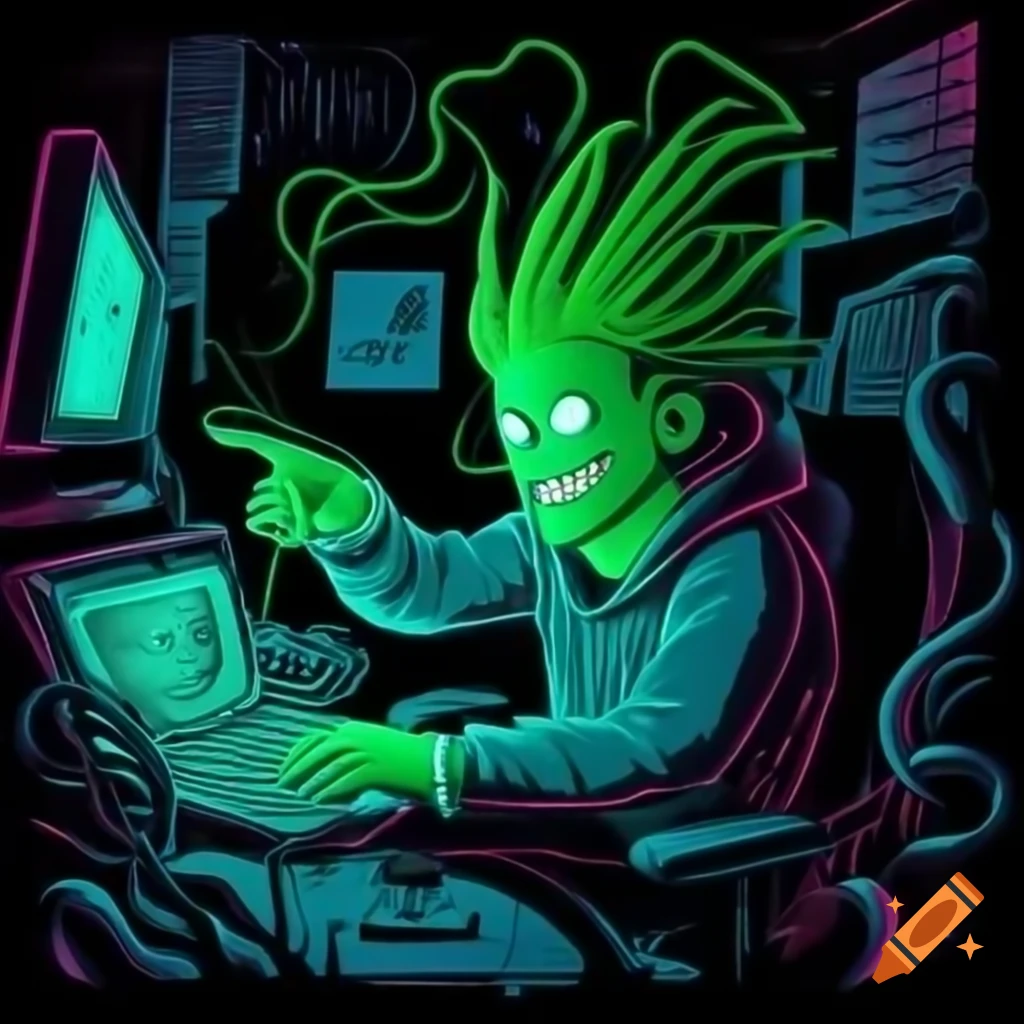 Hacker with green mohawk in neon-lit technology room on Craiyon