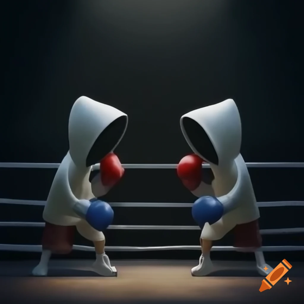 Cartoon-style boxing match between two hooded figures on Craiyon