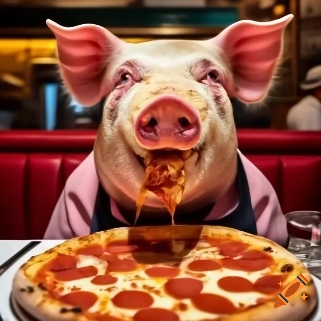 Pig enjoying pepperoni pizza in Italian restaurant on Craiyon