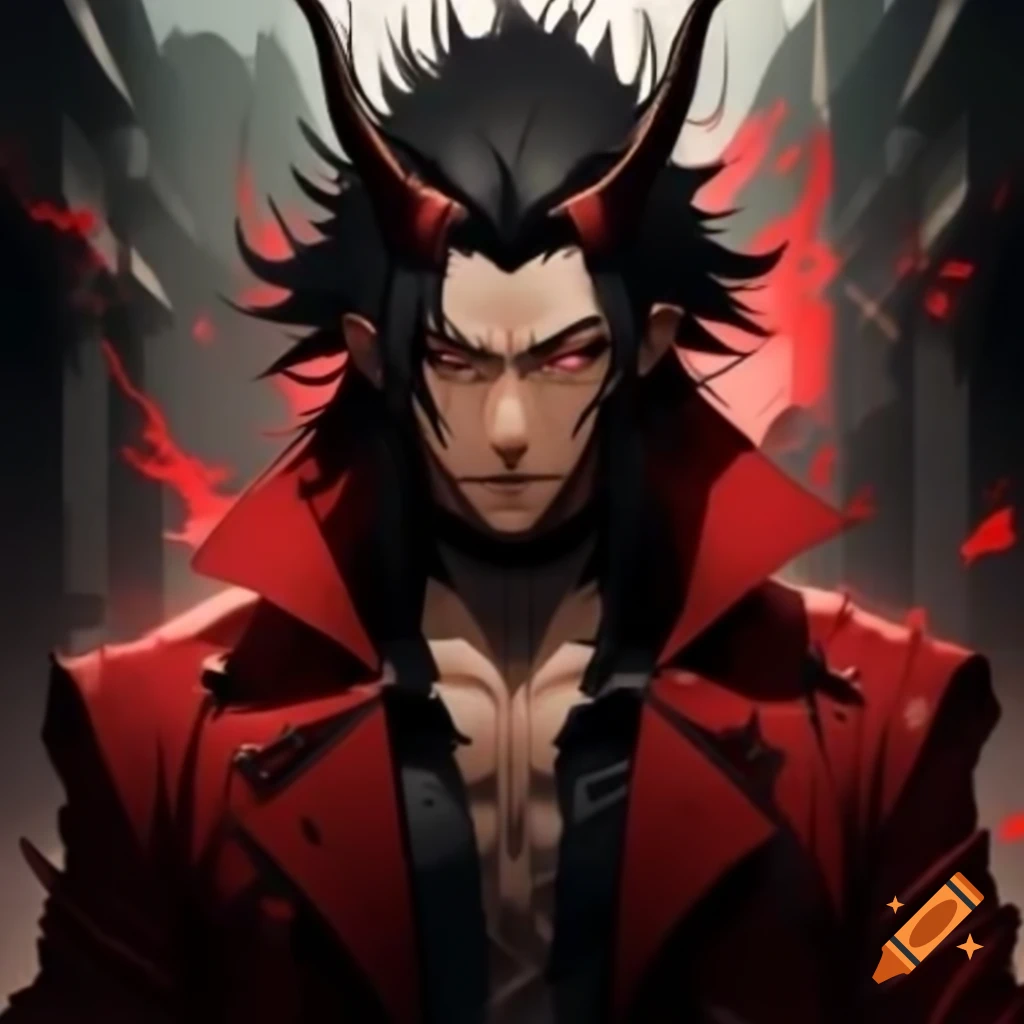 Anime protagonist with crimson horns and spiky black hair in a stylish ...