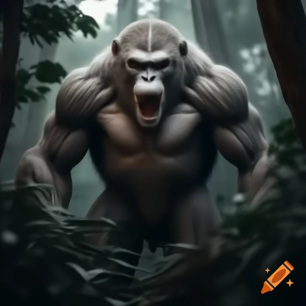 Colossal beast hybrid of monkey and seagull towering over dense forest ...