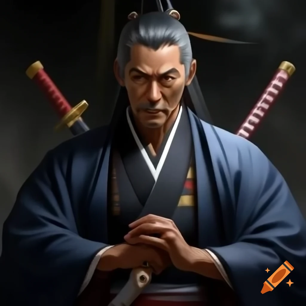 Middle-aged man Renjiro with deep gaze discussing past battles and ...