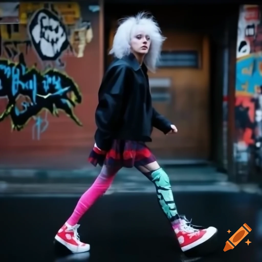 Young woman in emo-punk style walking on city street with brick wall on ...