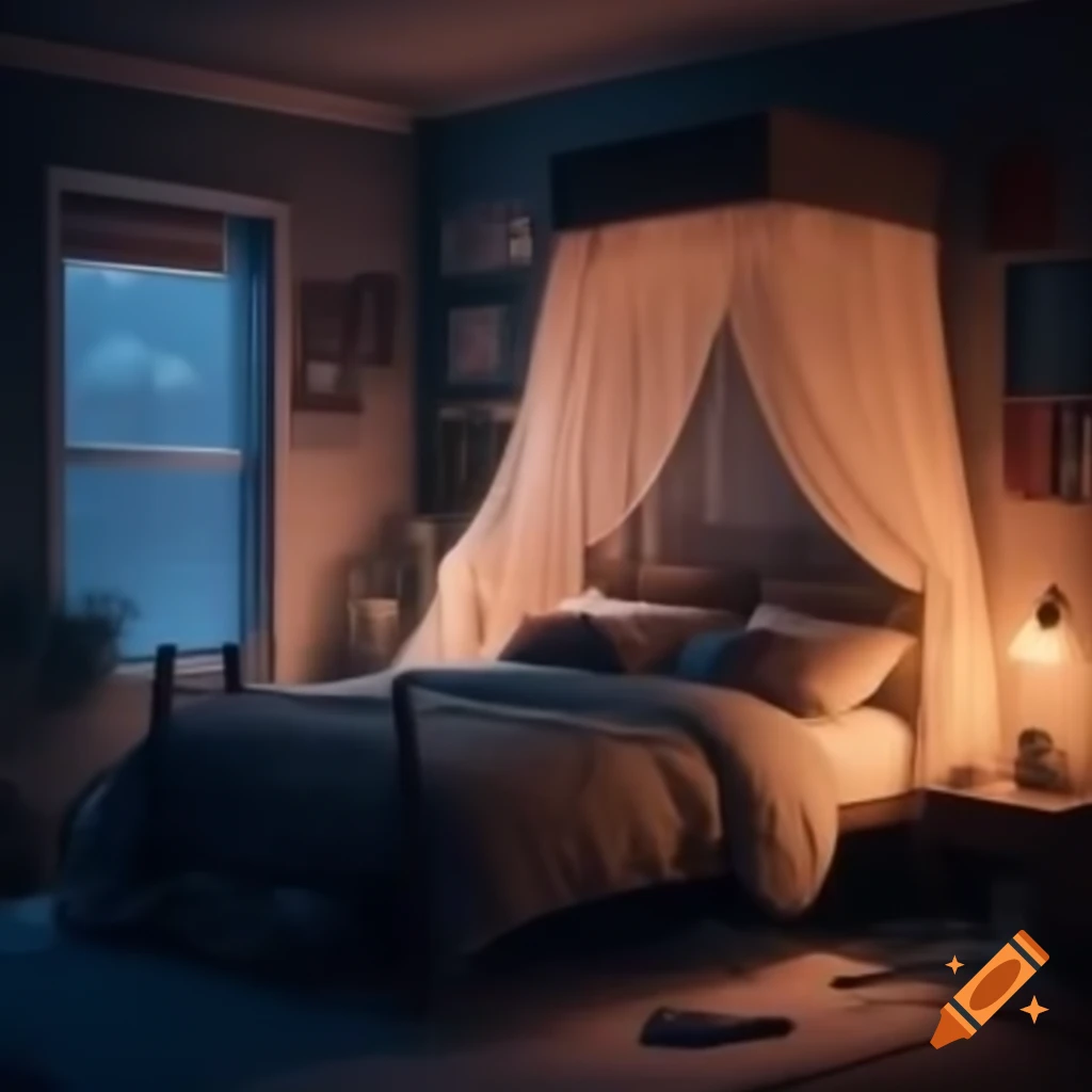Cozy bedroom with canopy bed, dim lighting, and stuffed animal on Craiyon
