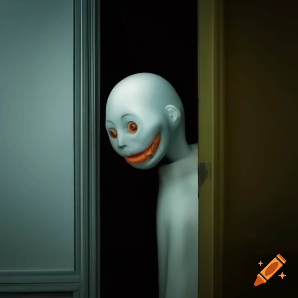 White humanoid with sinister smile peeking through door on Craiyon