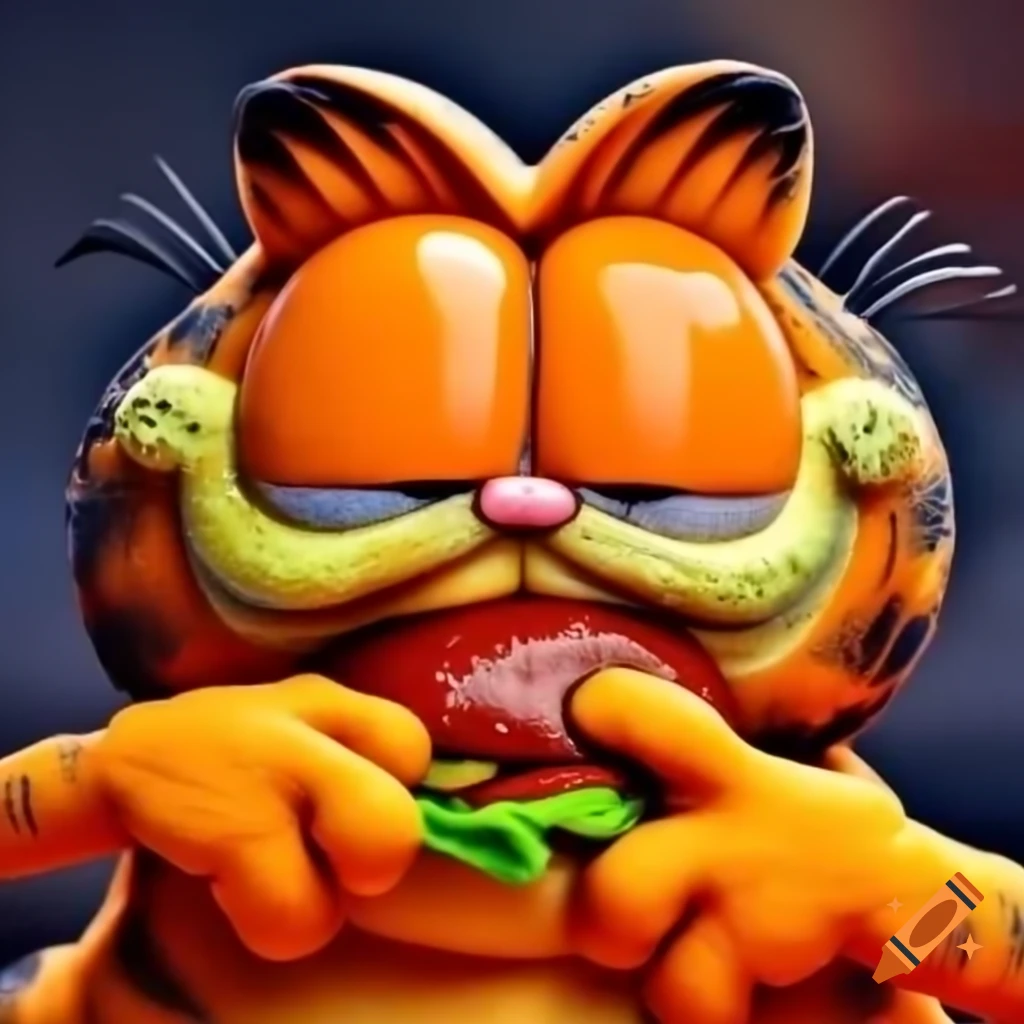 Garfield enjoying a juicy hamburger at In-N-Out Burger with a playful ...