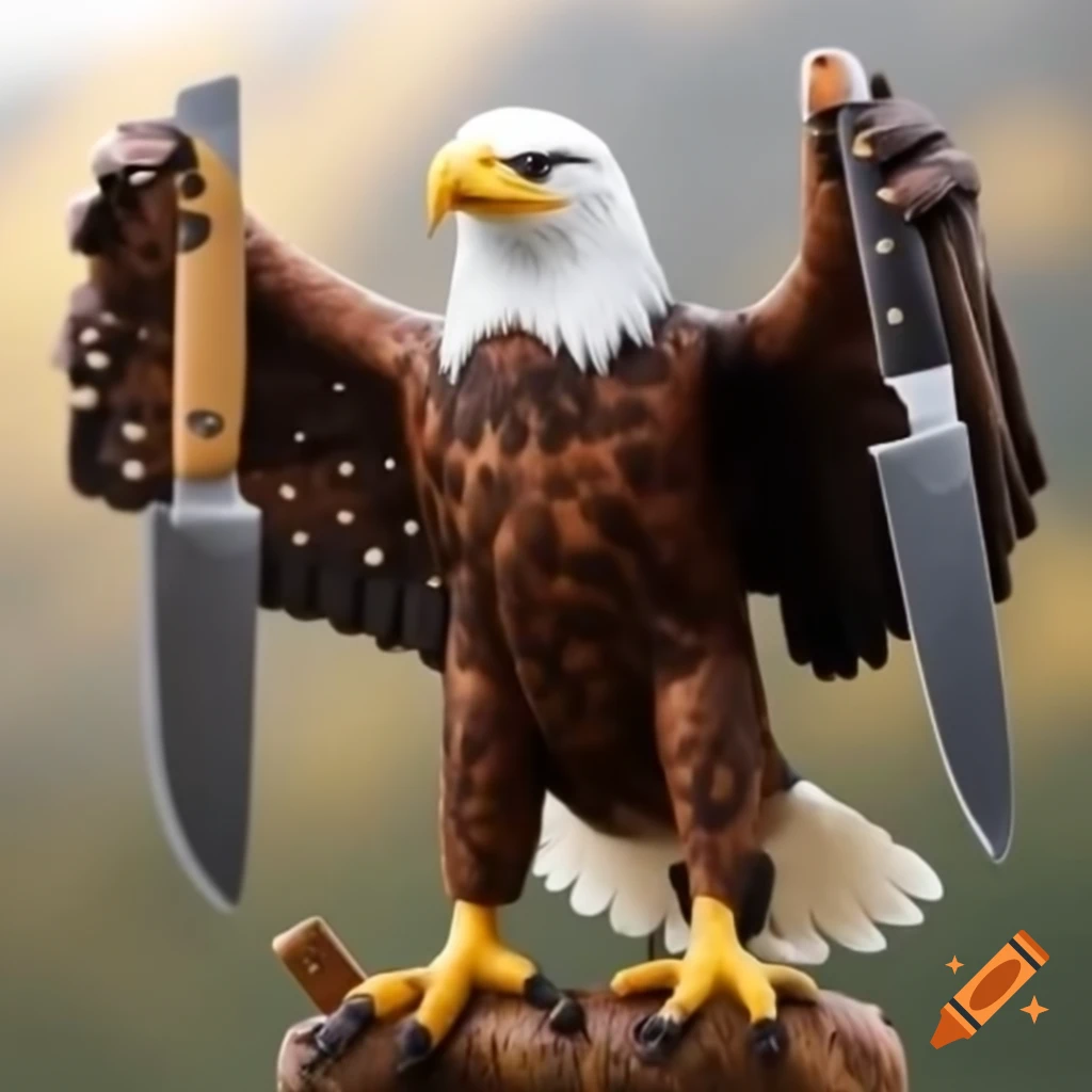 Realistic American eagle holding kitchen knives in its talons on Craiyon