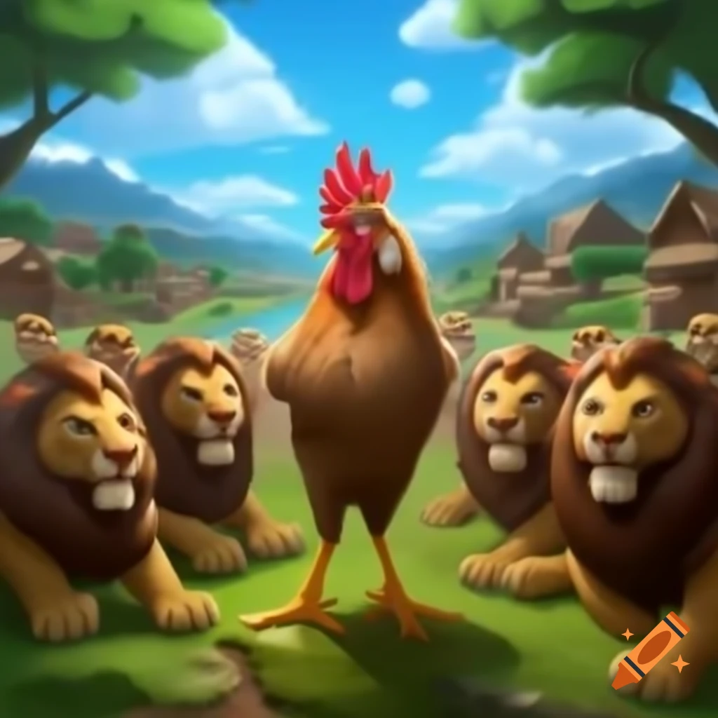 Clever hen confidently addressing powerful lions in a lush green ...