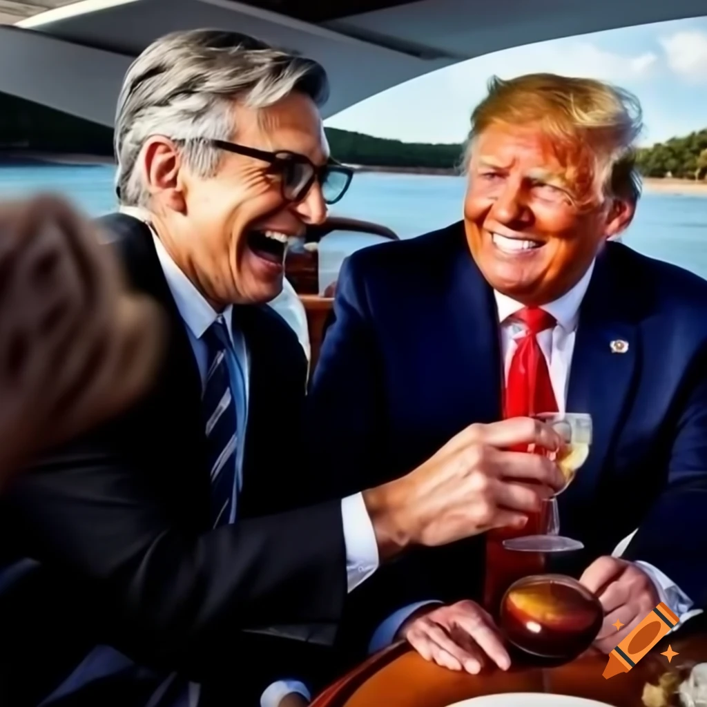 Merrick Garland and Trump laughing on yacht, hyper-realistic detail on ...