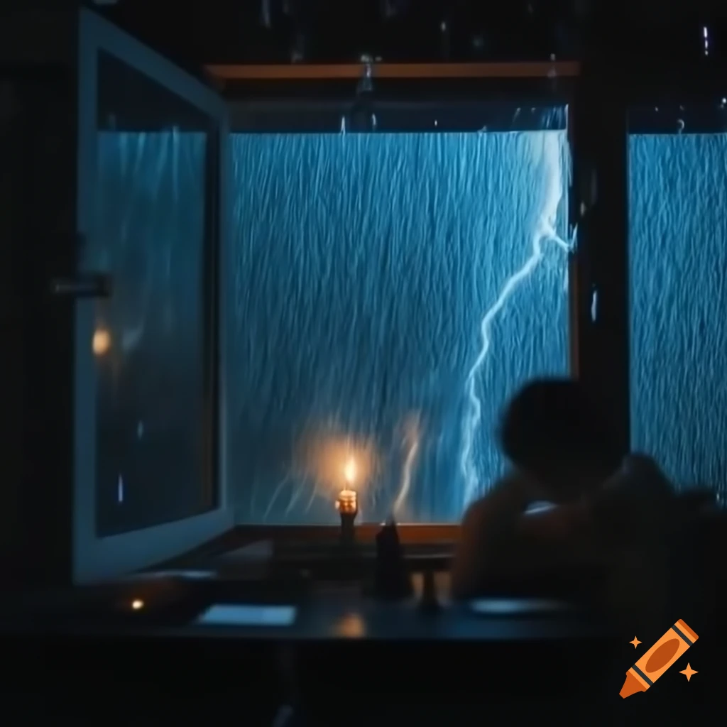 Close-up of raindrops on frosted window with lightning illuminating ...