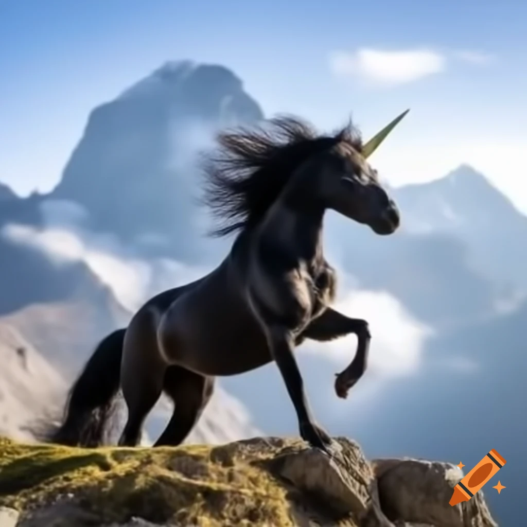 Black unicorn standing atop mountain on Craiyon