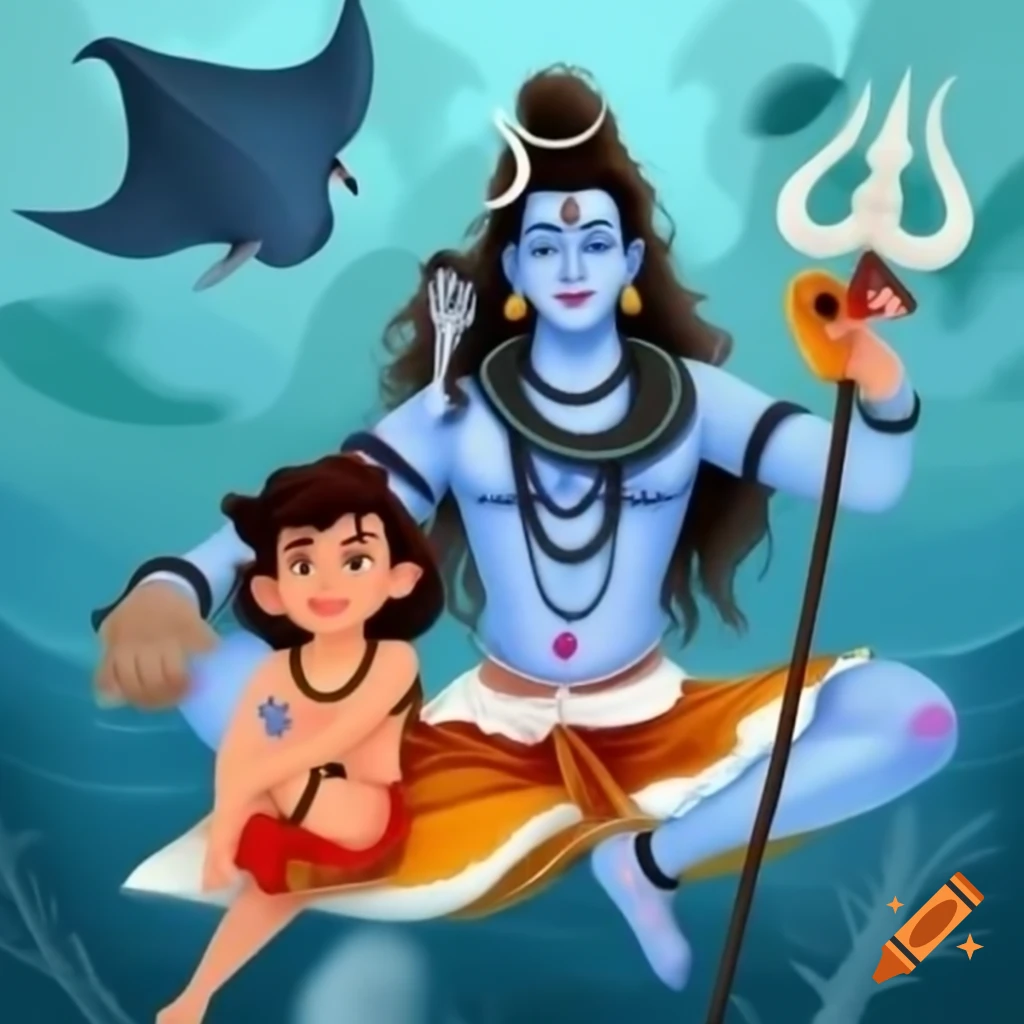 Illustration of a boy seeing Lord Shiva as his father figure on Craiyon