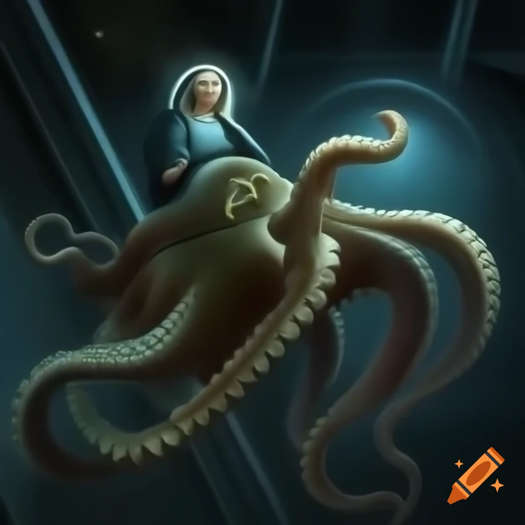 Hp lovecraft riding horse with octopus face, virgin mary descending from spacecraft in vintage ...