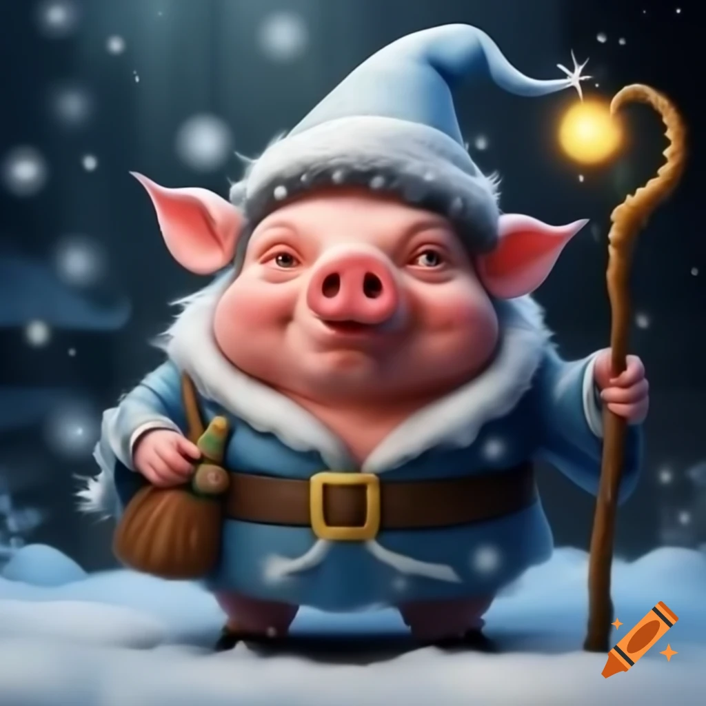 Realistic pig wizard in Christmas robes creating snowflakes on Craiyon
