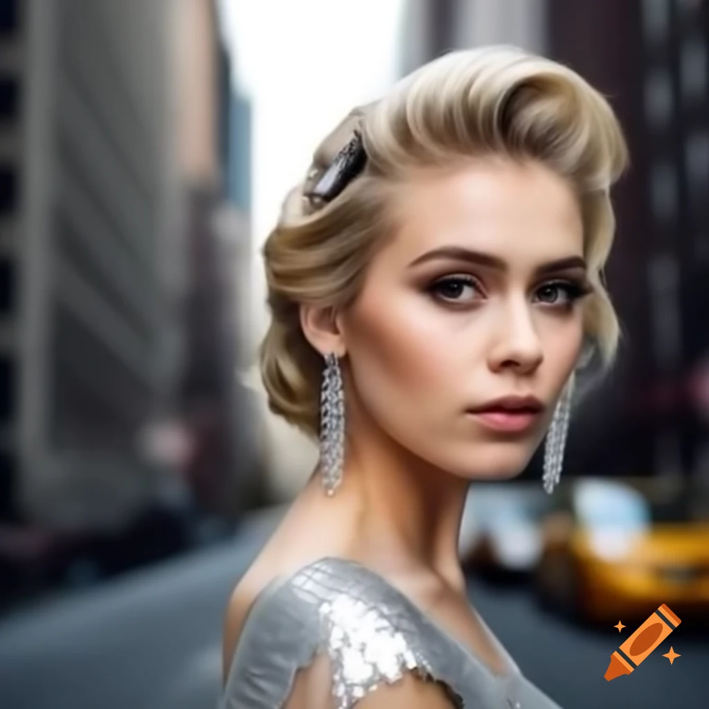 Flapper woman with blond hair in silver gown in New York on Craiyon