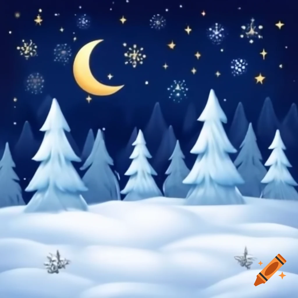 Snow-covered clearing with fir trees and starry night sky on Craiyon