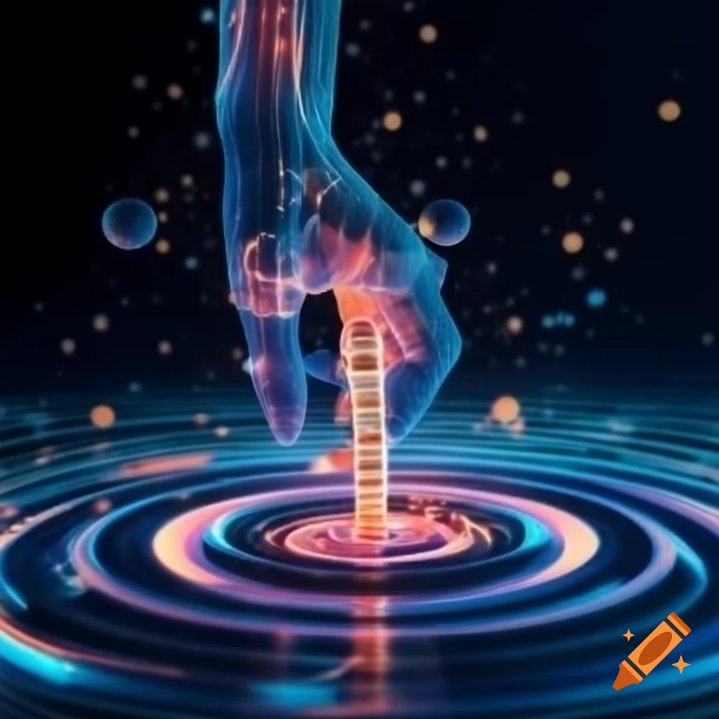 Human finger interacting with 3D floating screen generating colorful ...