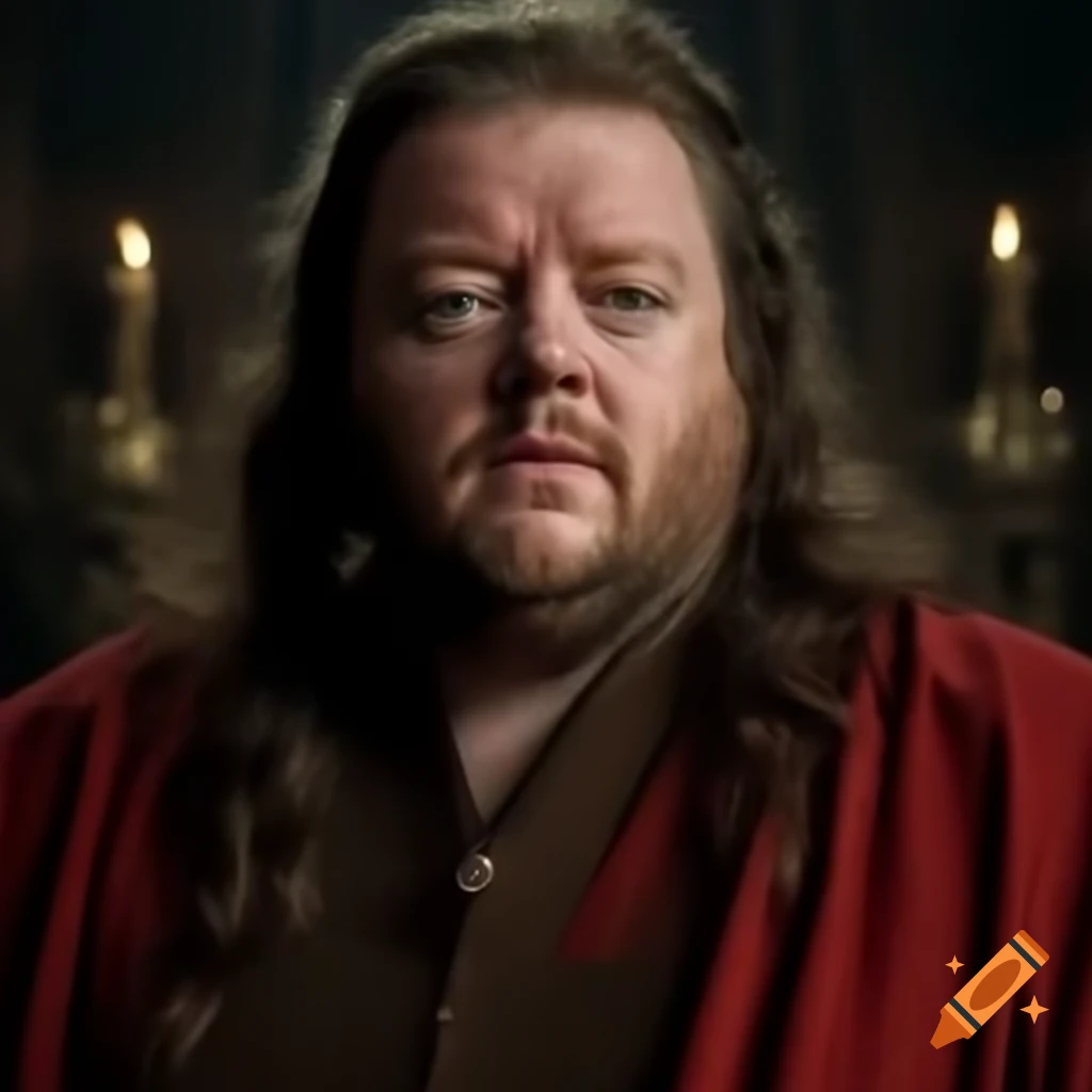 Robbie Coltrane portraying a medieval mayor in crimson robes on Craiyon