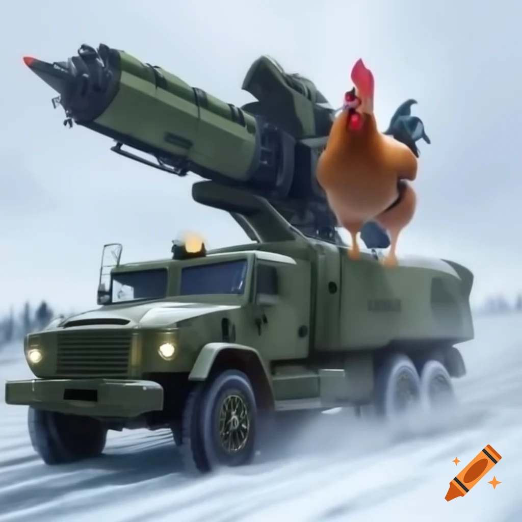 Military-themed chicken riding a rocket launcher in snowy landscape on ...