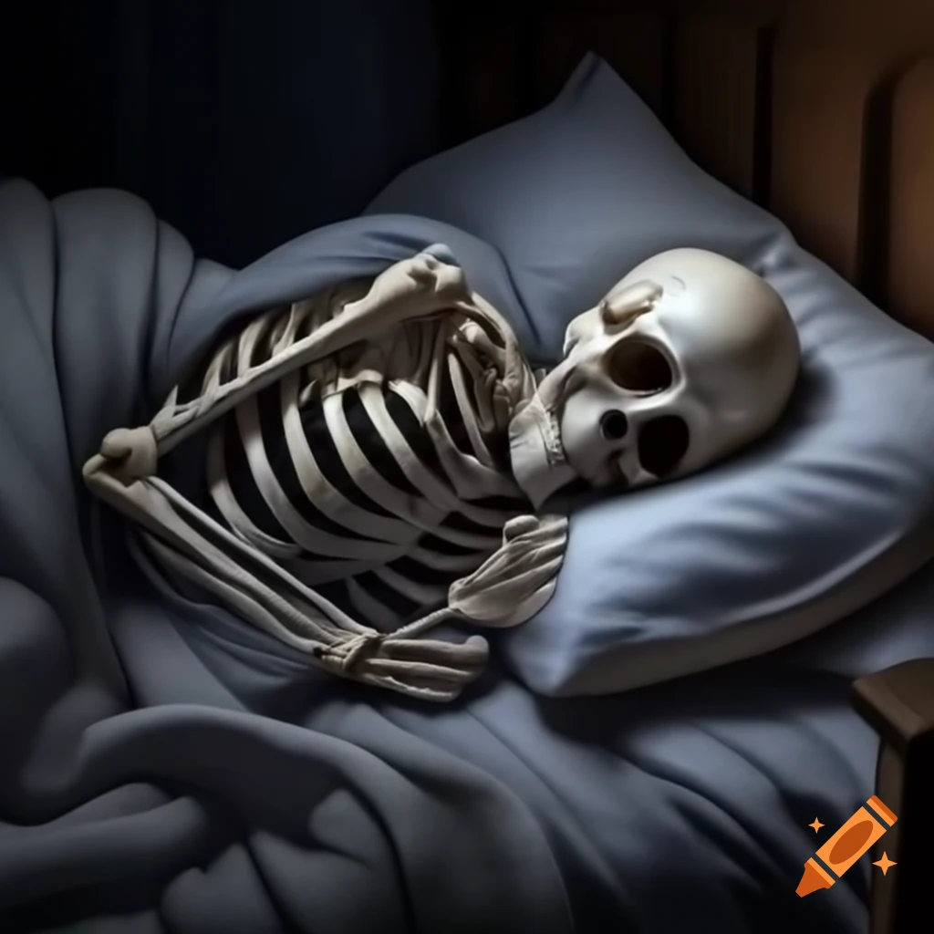 Skeleton sleeping in bed with blanket on Craiyon