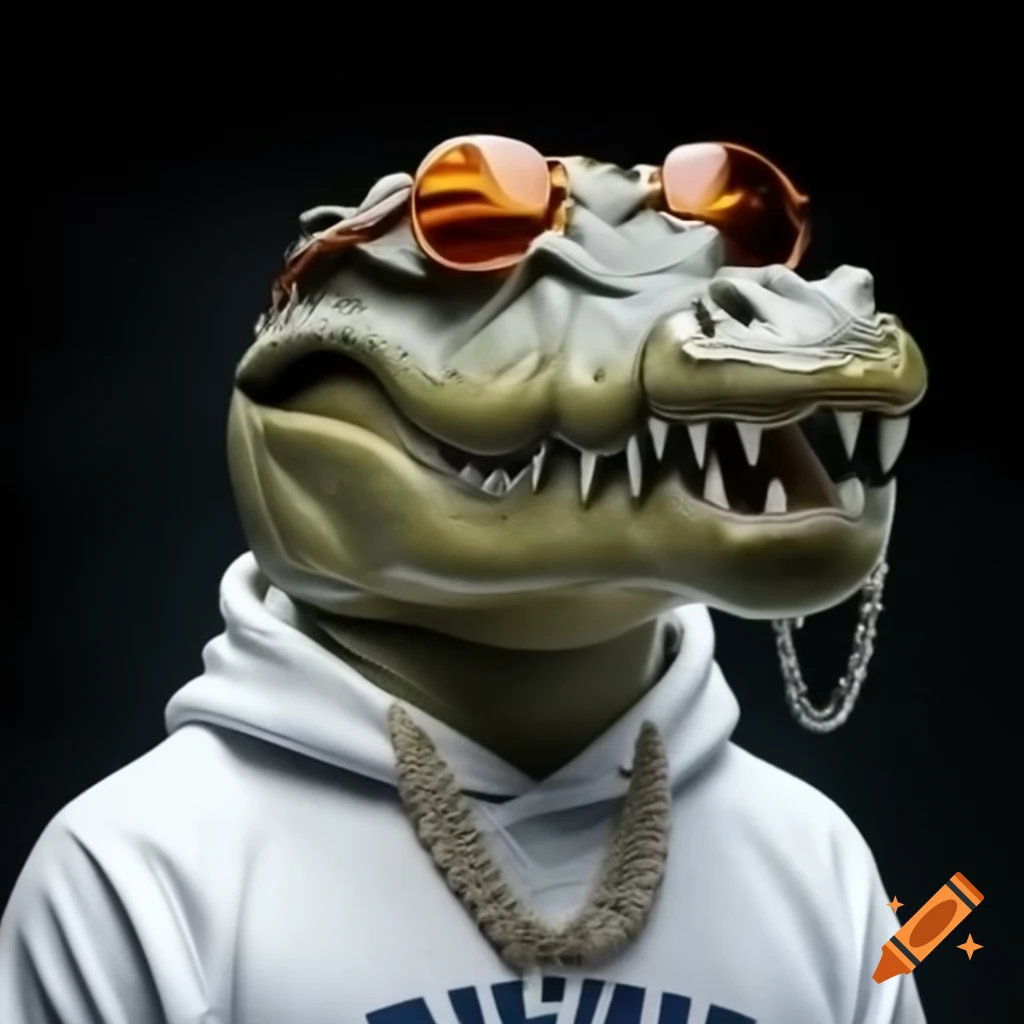 Crocodile styled as a white rapper with chains and sunglasses on Craiyon