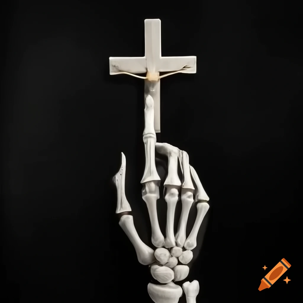 Skeleton hand holding a cross, symbolic imagery on Craiyon