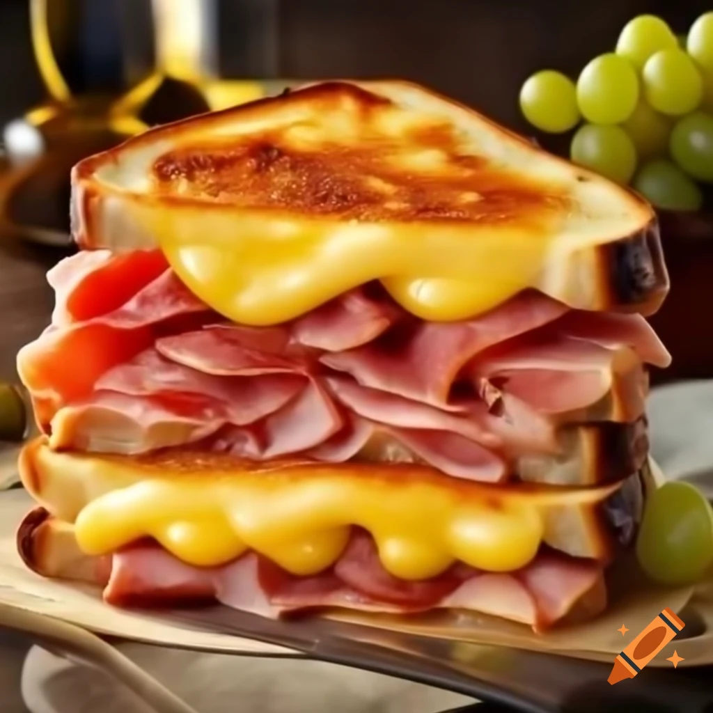 Giant toast topped with ham, pineapple, melted cheese, and grapes on ...